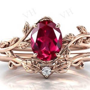 Oval Shaped Red Ruby Engagement Ring Set for Women Vine Leaf Style ...