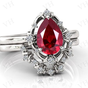 Pear Shaped Ruby Engagement Ring Set 14k Rose Gold Unique Ruby Wedding ...