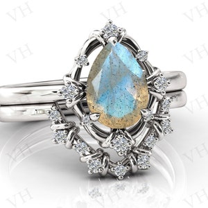 Pear Shaped Labradorite Engagement Ring Set Antique Labradorite Wedding ...