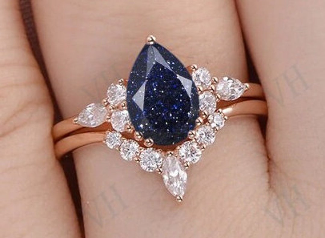 Galaxy Blue Sandstone Engagement Ring Set for Women Antique Blue ...
