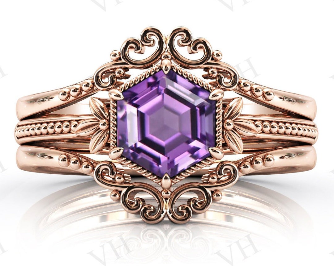 Antique Hexagon Shaped Amethyst Engagement Ring Set 3 Piece Art Deco ...