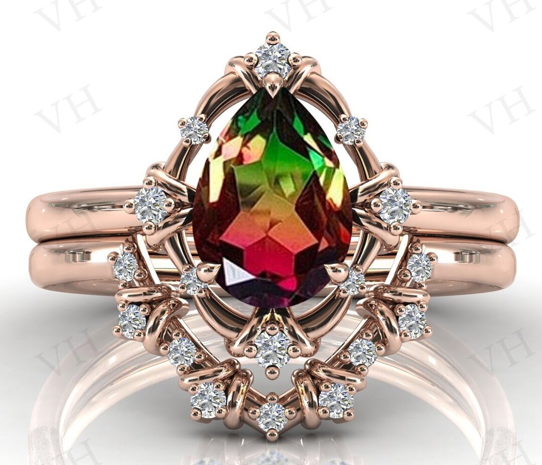 Pear Shaped Watermelon Tourmaline Engagement Ring Set 14k Gold Art Deco ...
