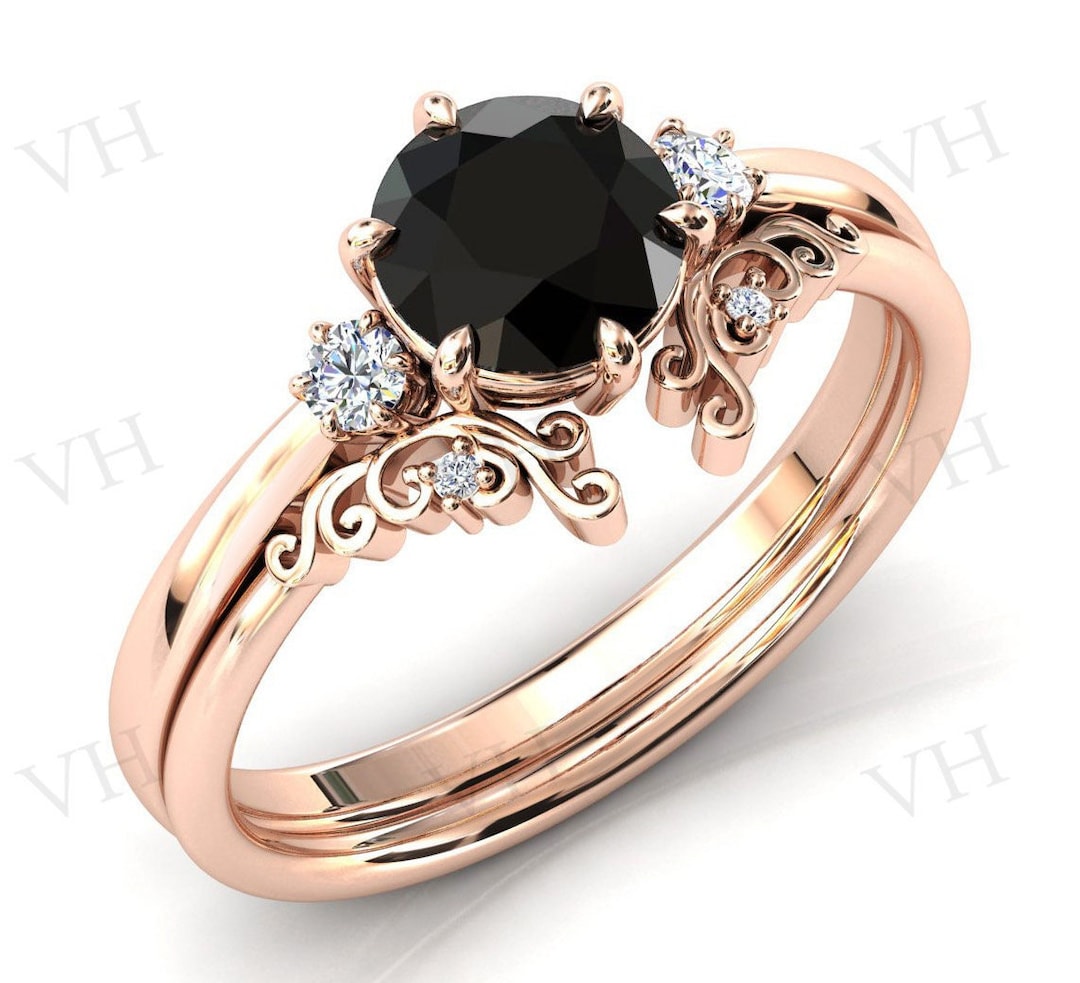 Natural Black Onyx Engagement Ring Set 14k Gold Black Onyx 2pc Ring Set ...