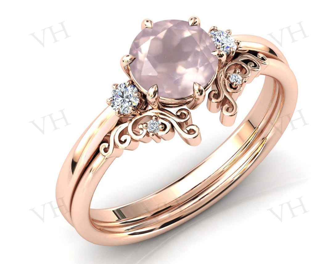 Antique Rose Quartz Engagement Ring Set Vintage Rose Quartz Wedding ...