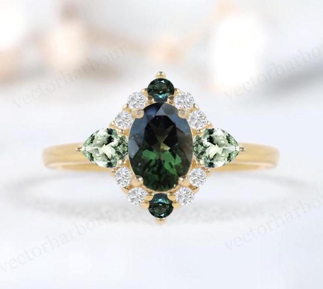 Vintage Moldavite Engagement Ring for Women Art Deco Multi Gemstone ...