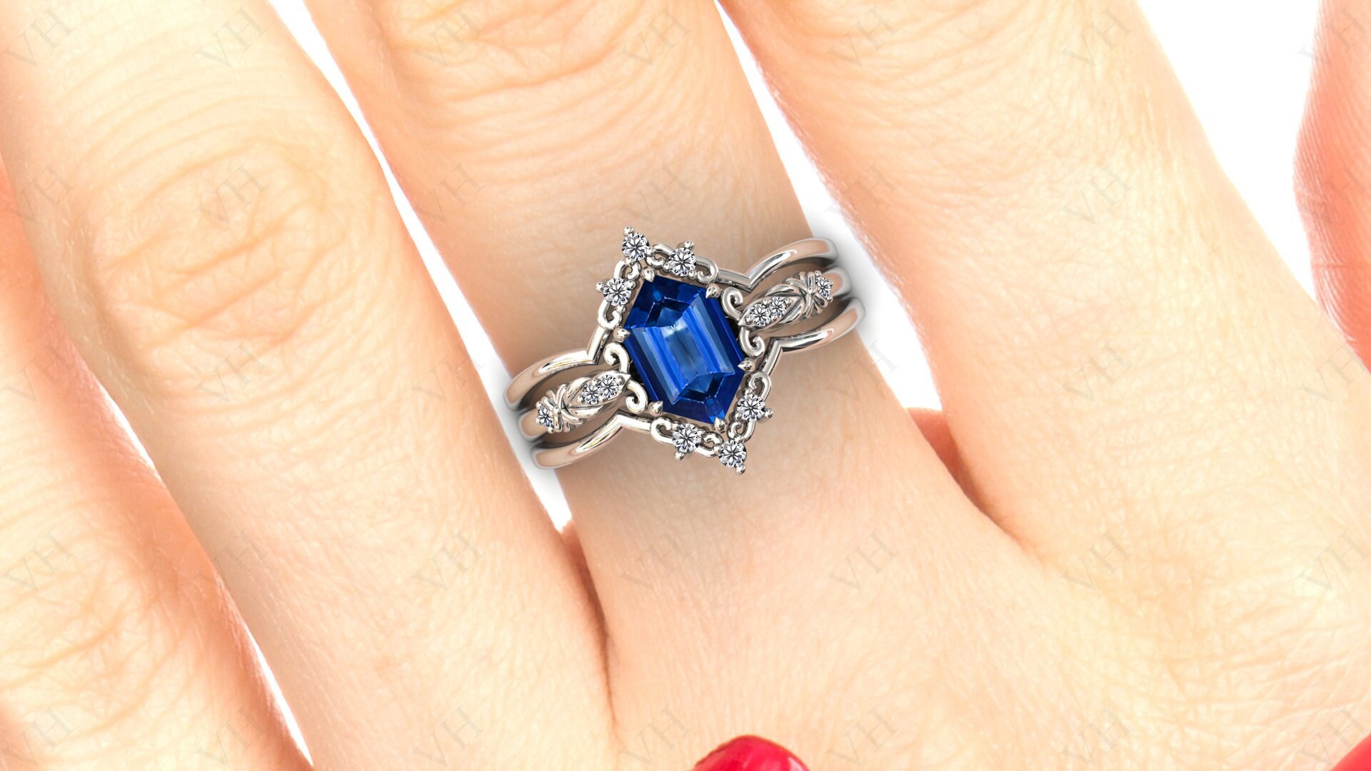 Art Deco Blue Sapphire Engagement Ring Set for Women Antique - Etsy
