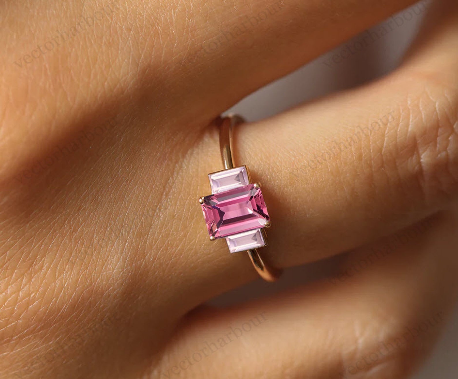 Emerald Cut Pink Tourmaline Engagement Ring Unique Multi Gemstone Ring ...