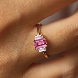 Emerald Cut Pink Tourmaline Engagement Ring Unique Multi Gemstone Ring 14k Gold Pink Tourmaline ...