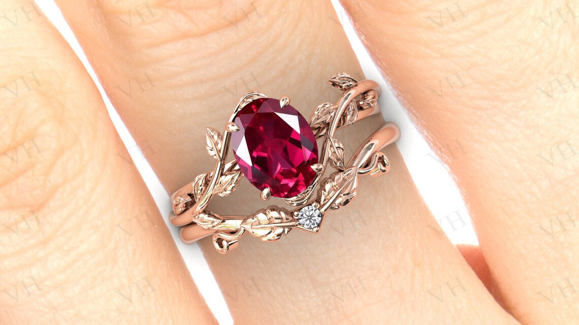 Oval Shaped Red Ruby Engagement Ring Set for Women Vine Leaf Style ...