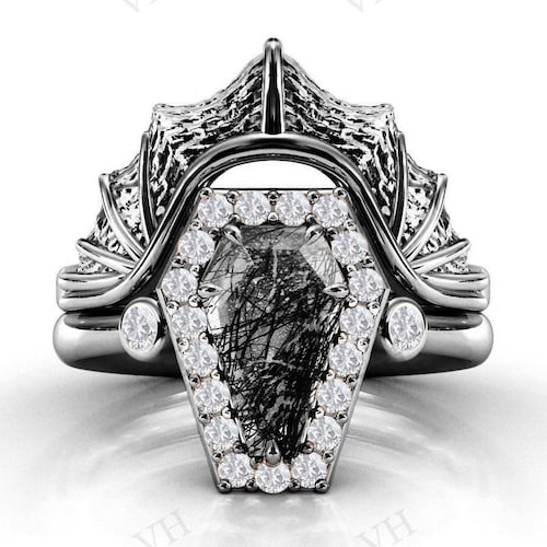Coffin Shaped Black Rutilated Engagement Ring Set 925 Silver - Etsy