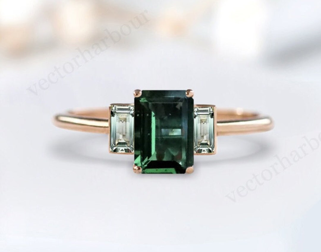 Emerald Cut Moldavite Engagement Ring for Women Unique Multi Gemstone ...