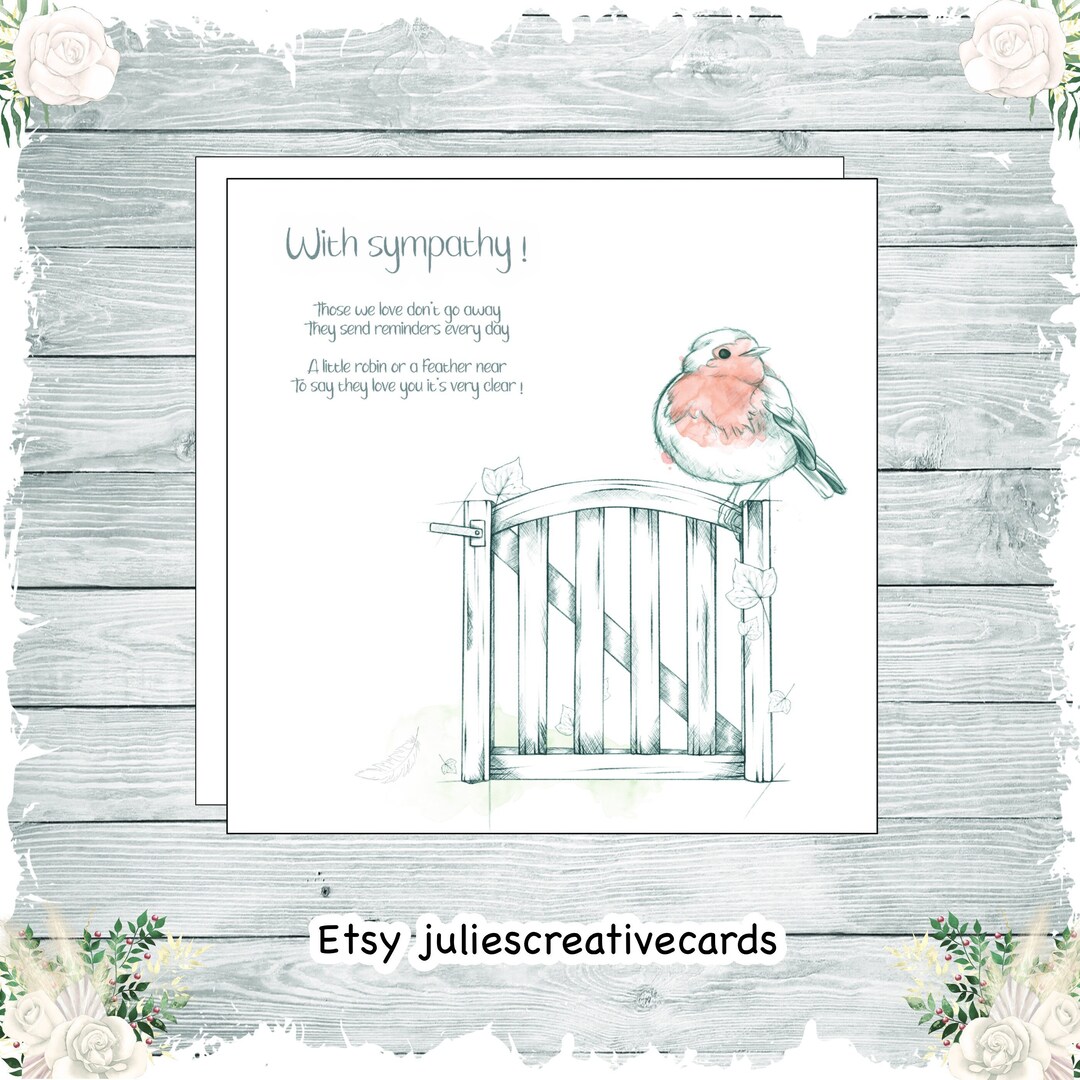 With Sympathy Card With Cute Robin on a Garden Gate Robin and Feather ...