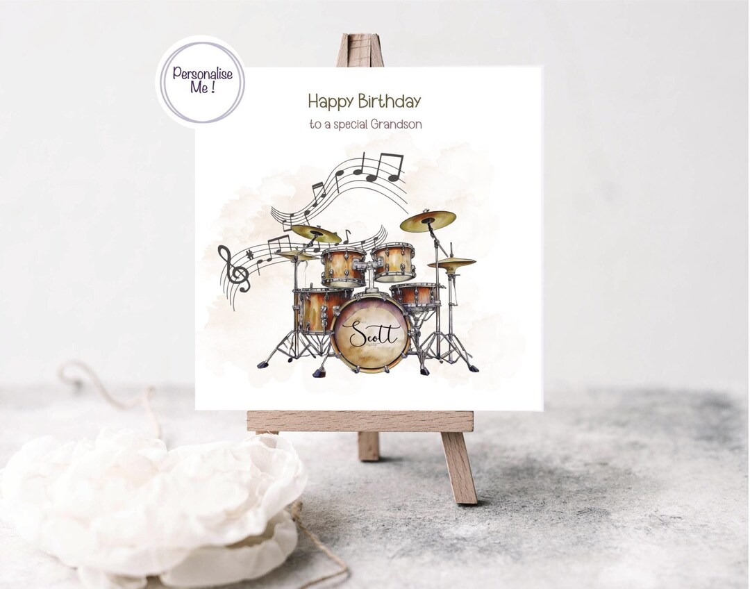 Drum Kit and Music Notes Personalised Birthday Card for Music Lover ...