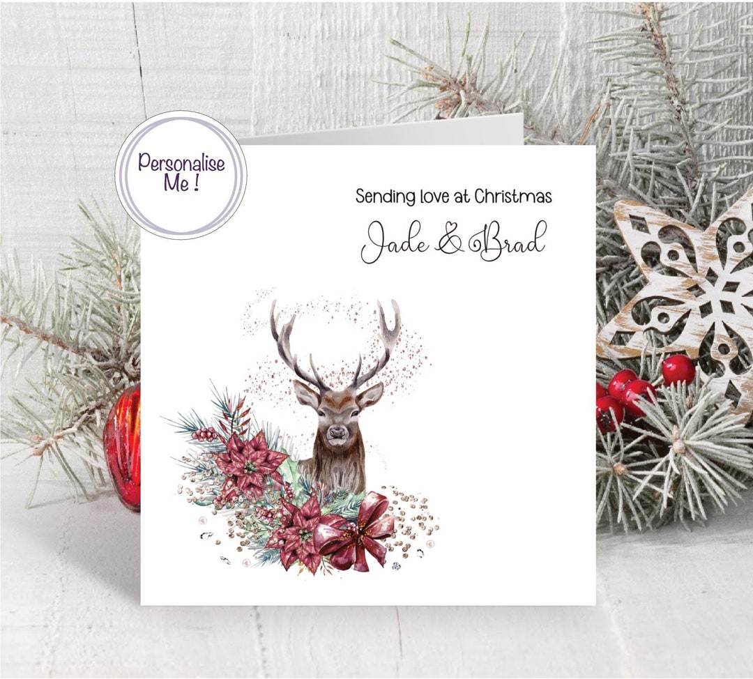 Personalised Stag Christmas Card, Stag Card With Christmas Wreath, Card ...