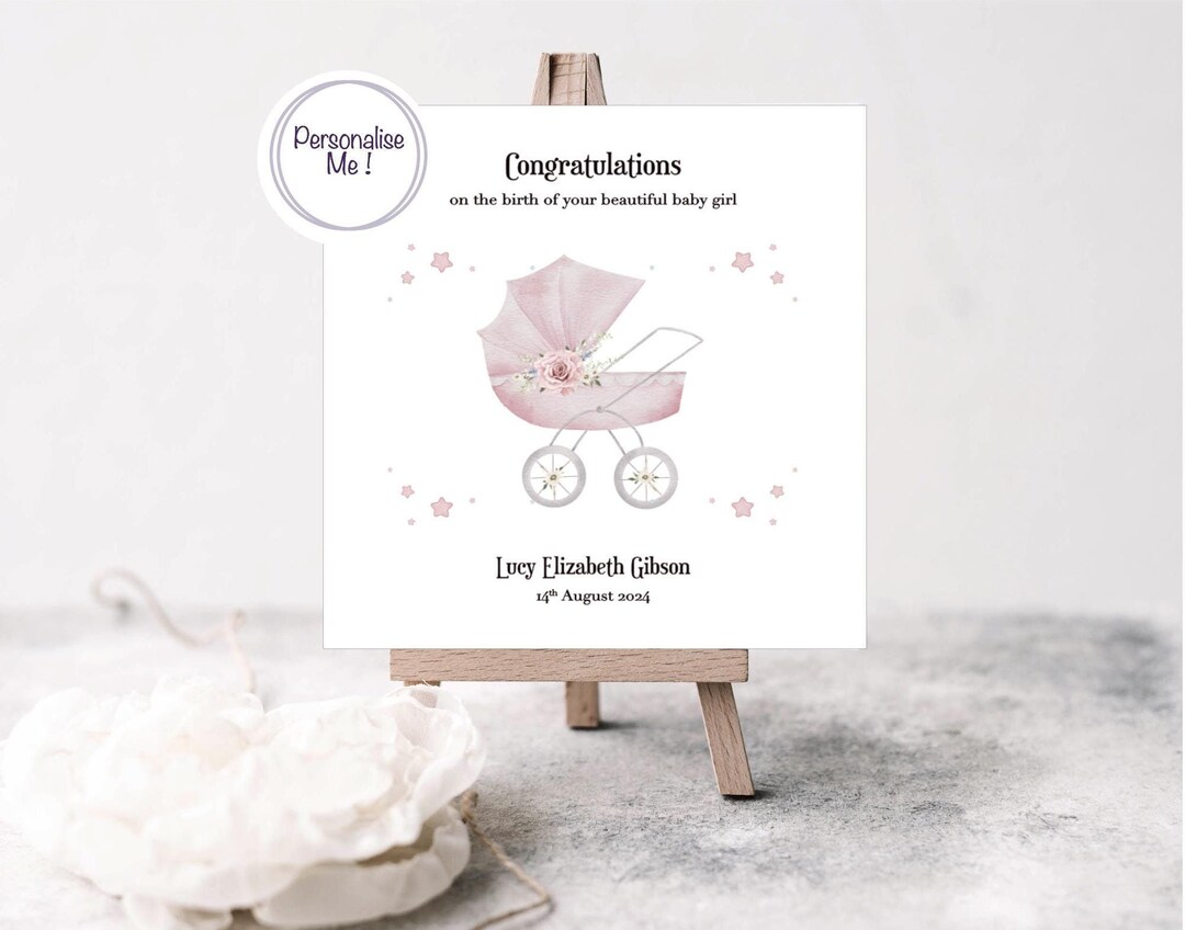 Congratulations Baby Girl Card, Boho Style Pram Card, Pink Baby Girl ...