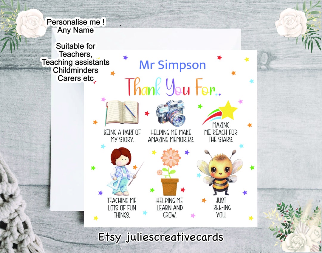Personalised Thank You Card, Appreciation Card for a Teacher ...