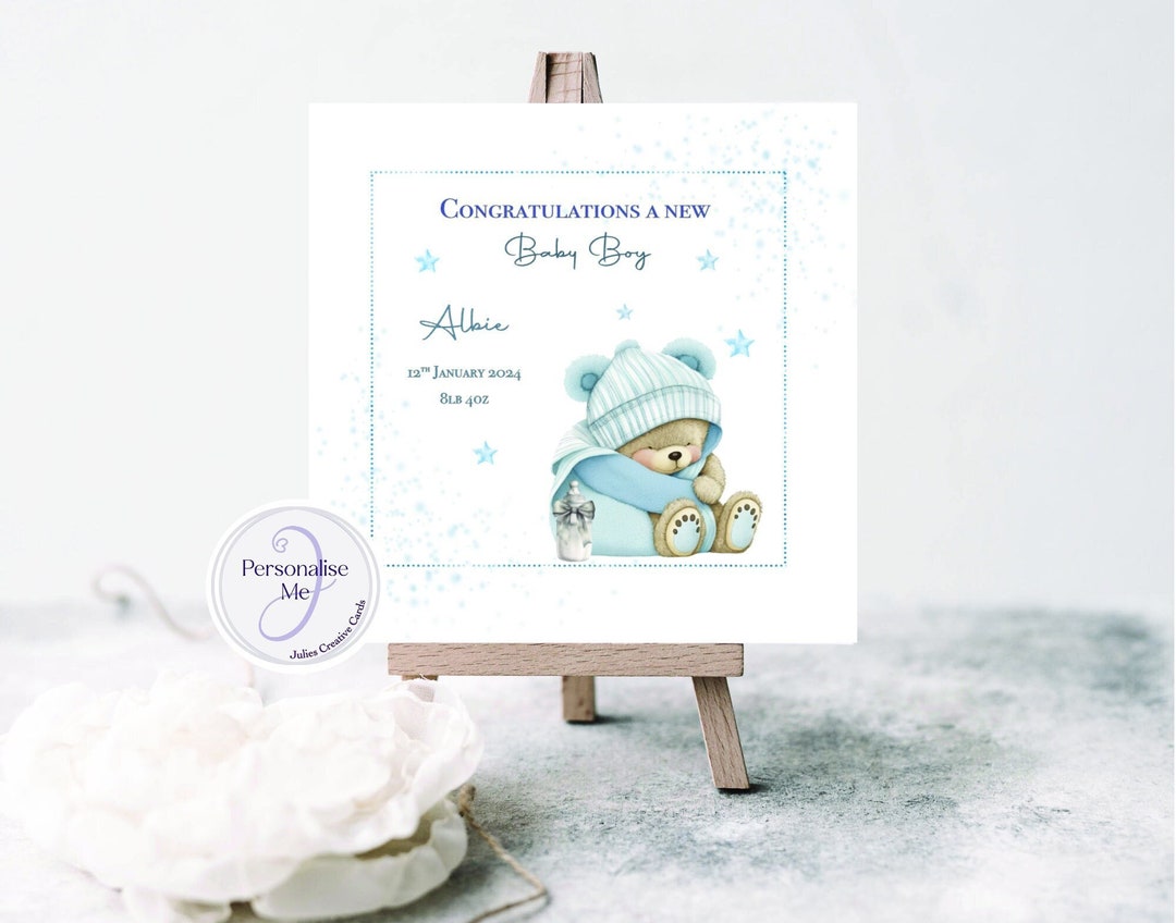 Personalized New Baby Boy Card, Blue Bear - Etsy