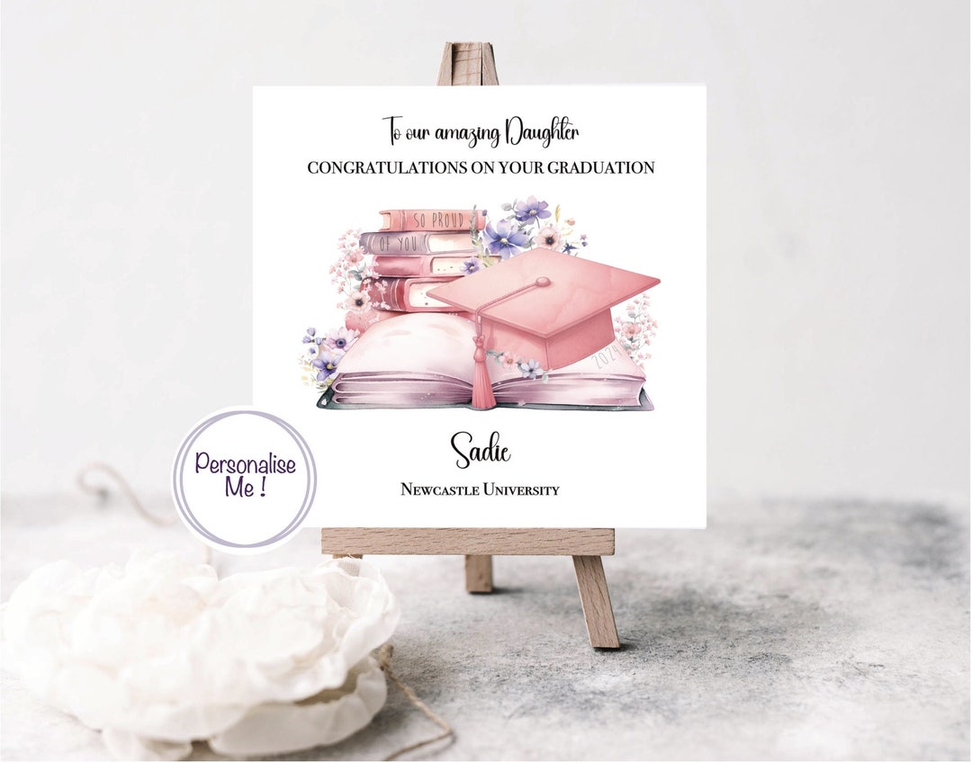 Personalized Graduation Card: Pink Cap, Books & Flowers - Etsy