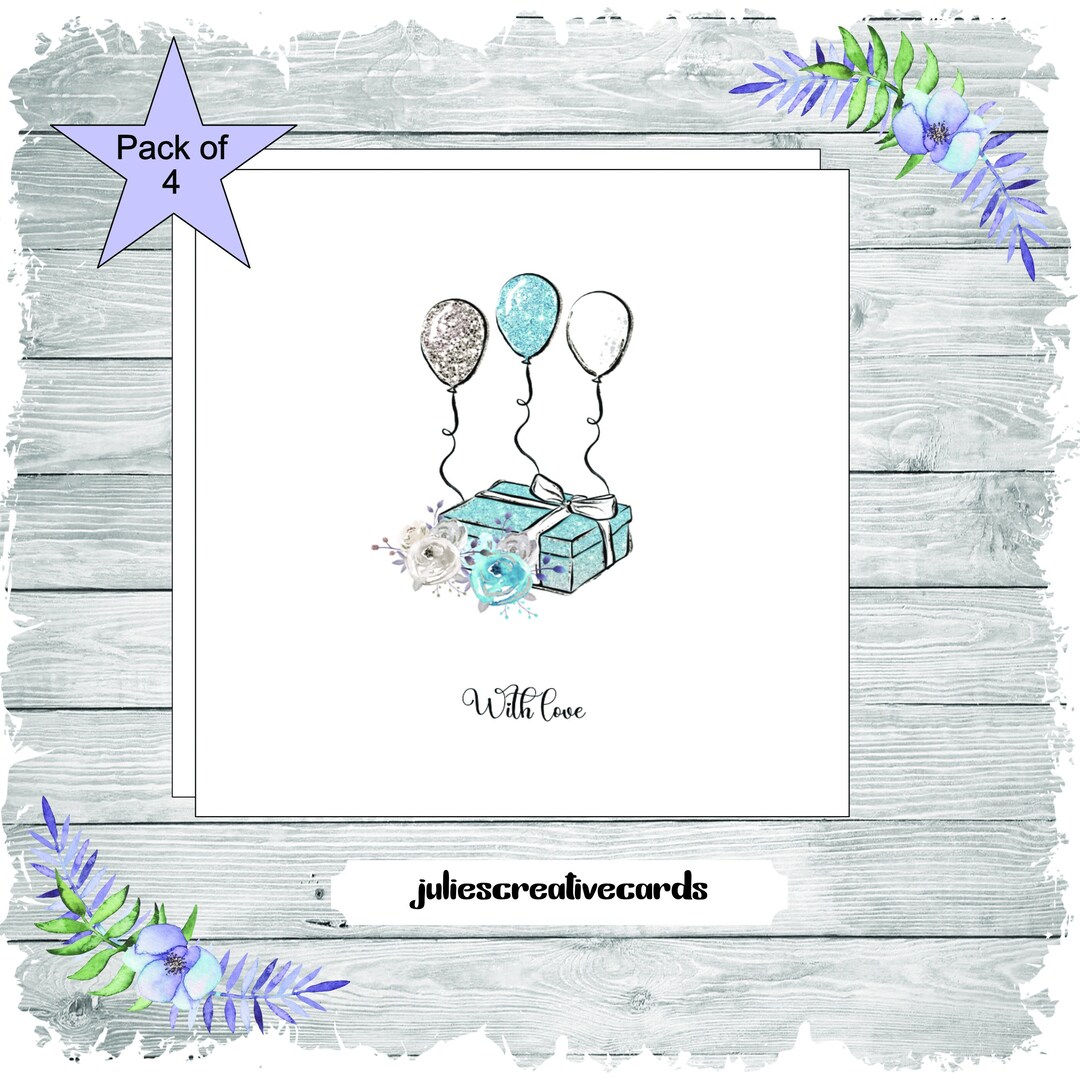 Luxury Cards in a Pack of 4 Balloons Presents and Flowers in a Plain ...