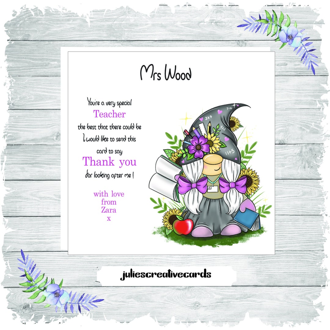 Personalised Teacher Appreciation Card, Teacher Thank You Card, Gnome ...