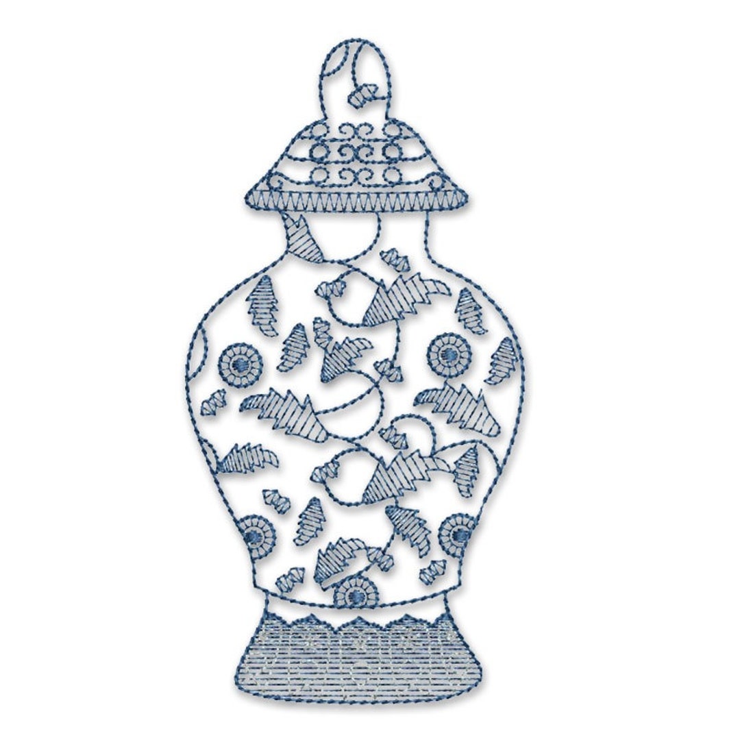 Floral Ginger Jar 1 Sketch Red Work Embroidery Design PES DST Instant ...