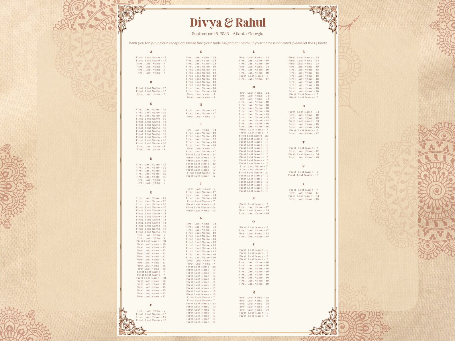 HASSLE FREE Indian Reception Seating Chart Alphabetical - Etsy