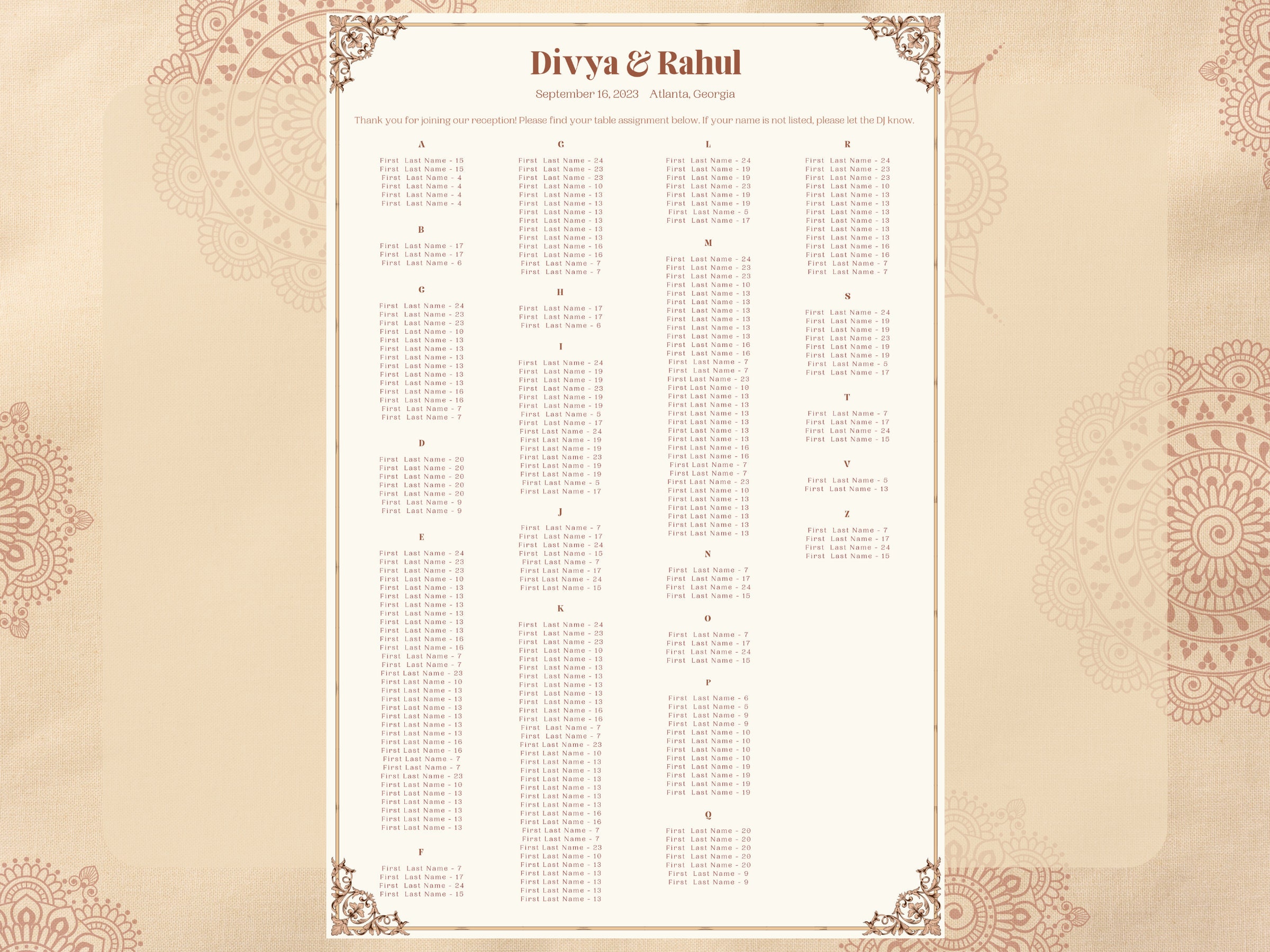 HASSLE FREE Indian Reception Seating Chart Alphabetical - Etsy