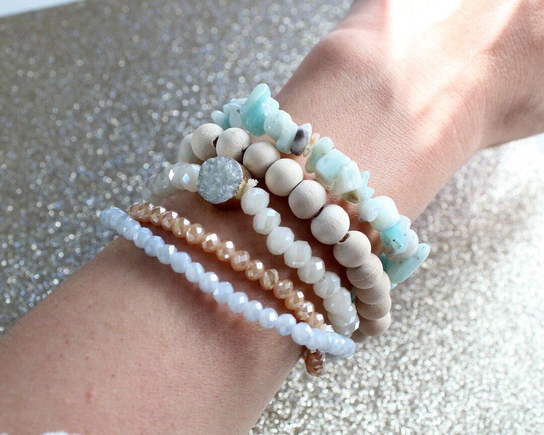 Set of 5, Natural Wood Beads, Crystal Beads Bracelet. Agate Stone ...