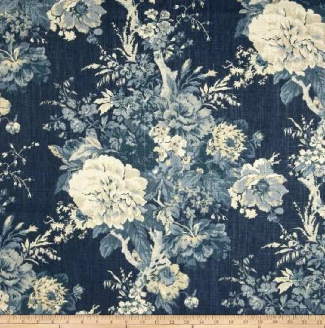 Waverly Country Blue Rose Linen Floral Upholstery Curtain Drapery ...