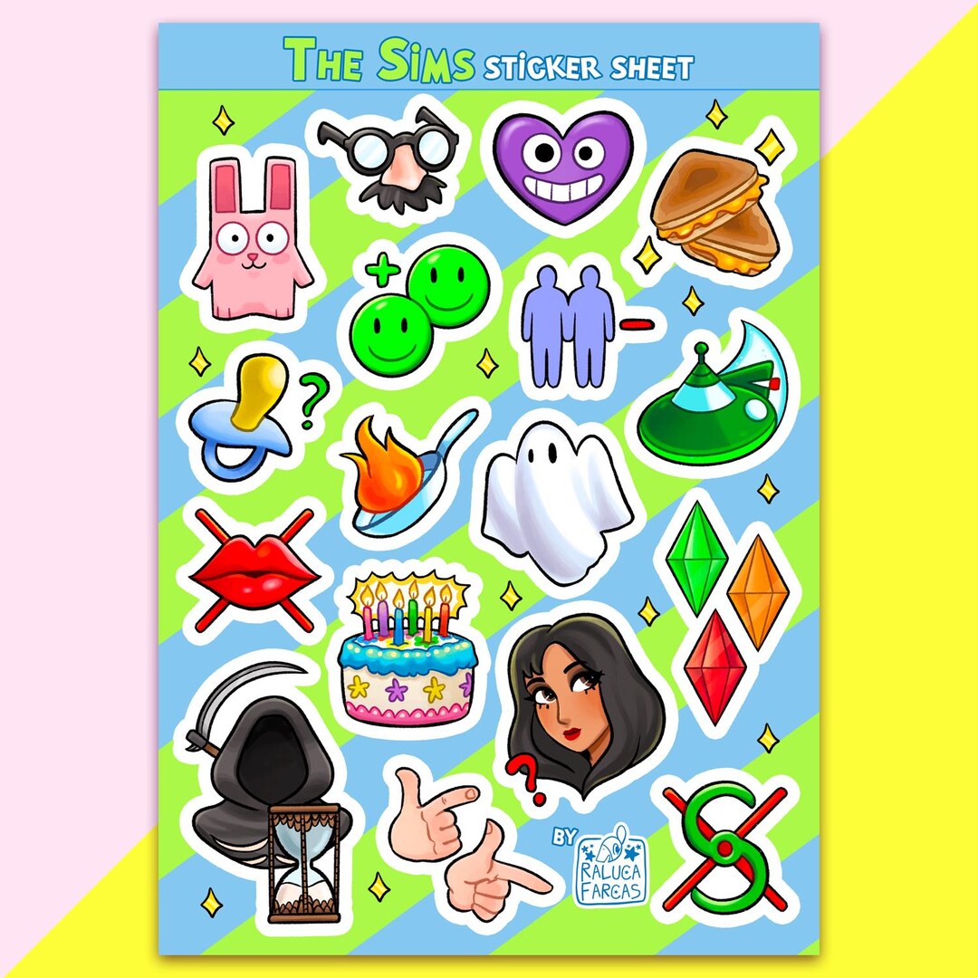 The Sims A6 Vinyl Sticker Sheet Including Bella Goth, the Grim Reaper ...