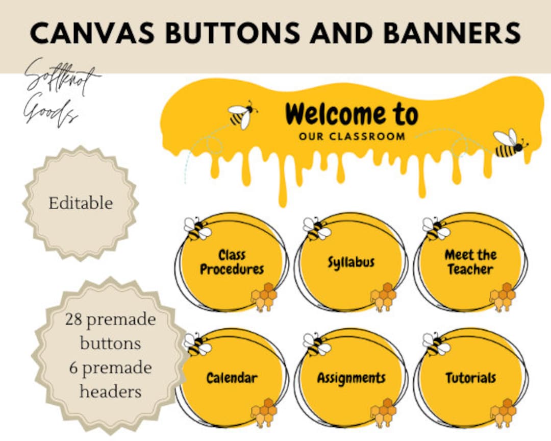 Bumble Bee Canvas Theme Buttons and Headers (downloadable and Editable ...