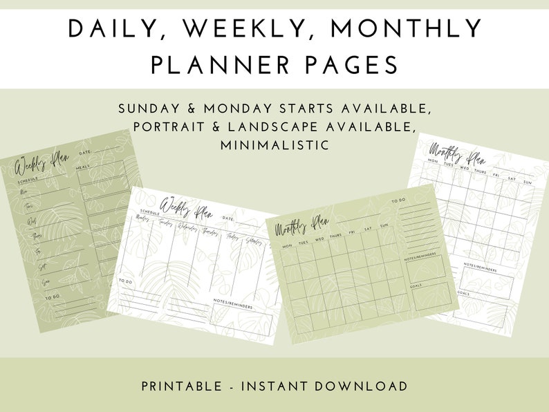 Sage Green Botanical Printable Planners - Daily, Weekly, Monthly, Meals ...