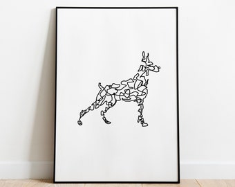 Great Dane Art Print, Single Line Drawing, Great Dane Gift, Black and ...