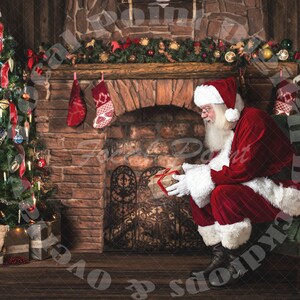 Santa Digital Backdrop, Santa Handing a Present, Santa by a Fireplace ...