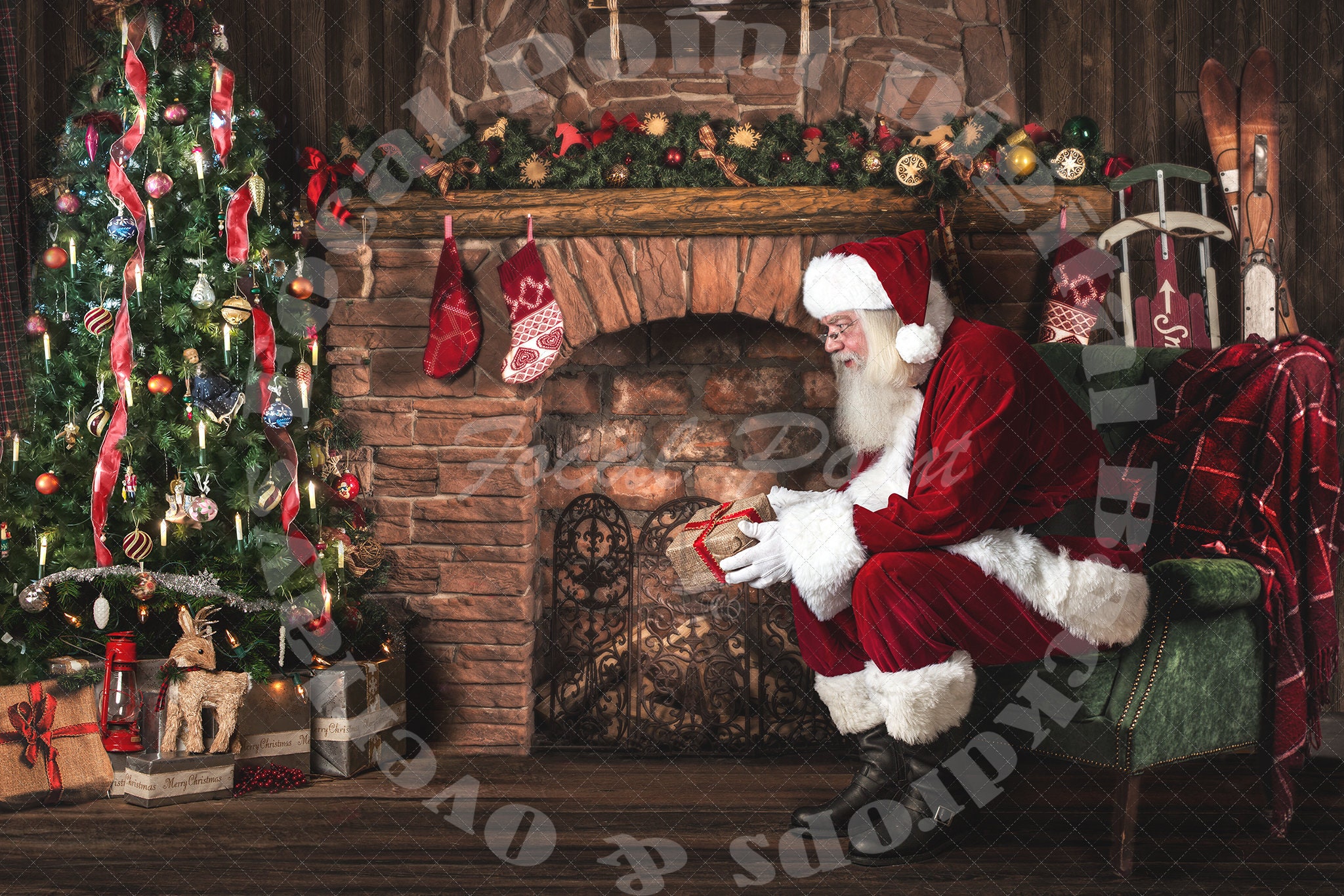 Santa Digital Backdrop Santa Handing a Present Santa by a - Etsy