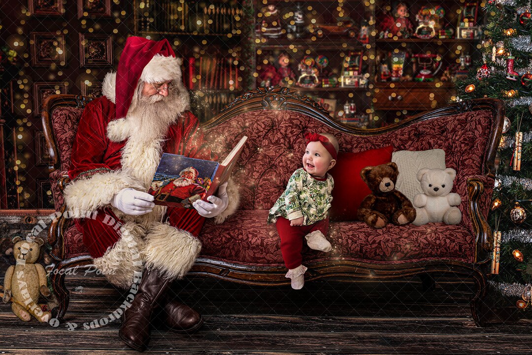 Santa Reading a Story Digital, Santa's Workshop, Santa Digital Backdrop ...