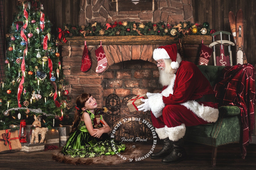 Santa Digital Backdrop, Santa Handing a Present, Santa by a Fireplace ...
