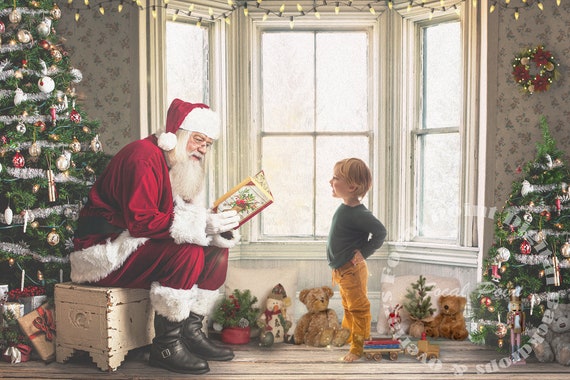 Santa Digital Backdrop Santa Reading a Book Santa by a Snowy | Etsy