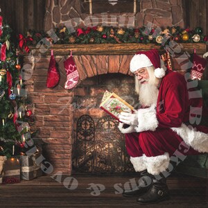 Santa Digital Backdrop, Santa Reading a Book, Santa by a Fireplace ...