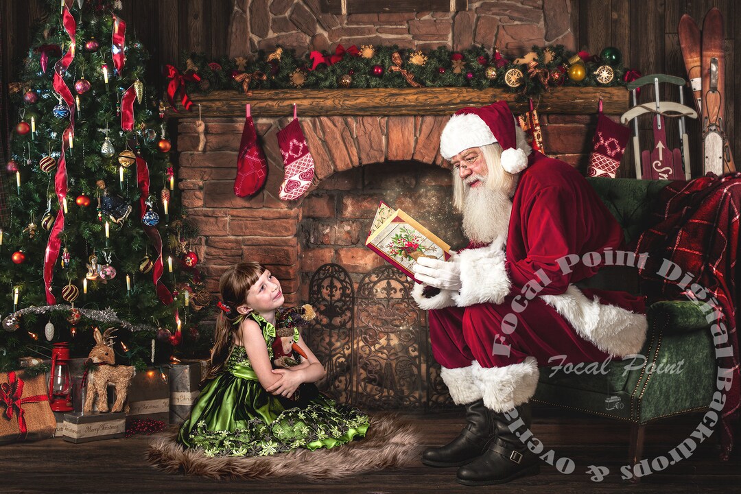 Santa Digital Backdrop, Santa Reading a Book, Santa by a Fireplace ...