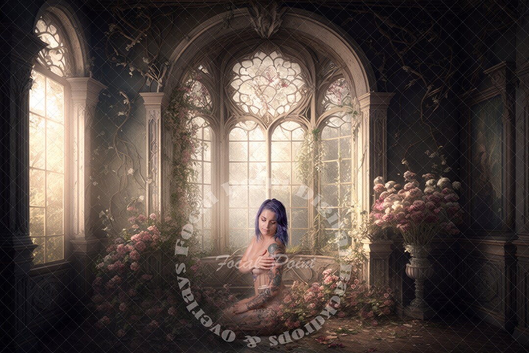 Floral Window Digital Backdrop, Backlit Window With Flowers Digital ...