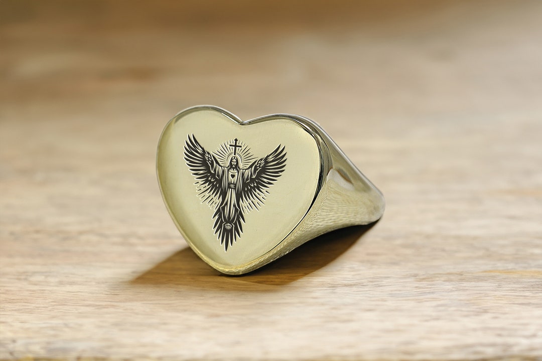 Engraved Jesus Signet Ring Jesus Eagle Ring Gift for Her Heart Shaped ...