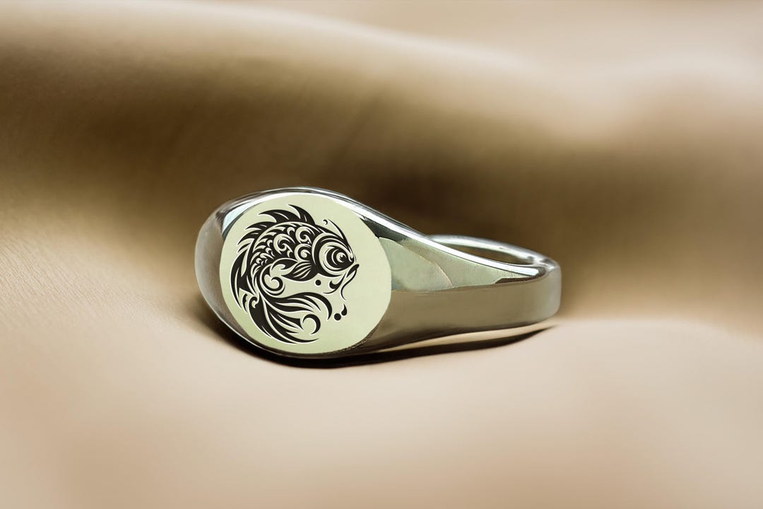 Engraved Koi Fish Ring · Custom Fish Signet Ring · Round Shaped Ring ...