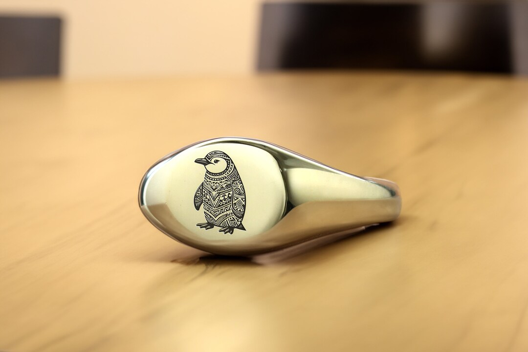 Cute Penguin Gold Signet Ring · Custom Penguin Ring · Penguin Engraving ...