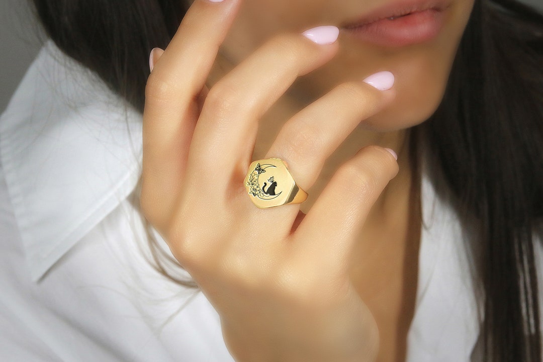 Hexagon Cat Signet Ring · Engraved Cat Ring · Cute Ring · Hexagon Ring ...