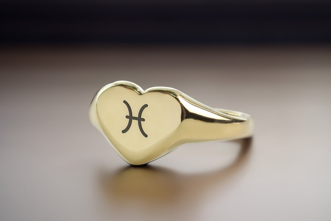 14k Gold Pisces Signet Ring · Zodiac Sign Ring · Heart Shaped Ring ...