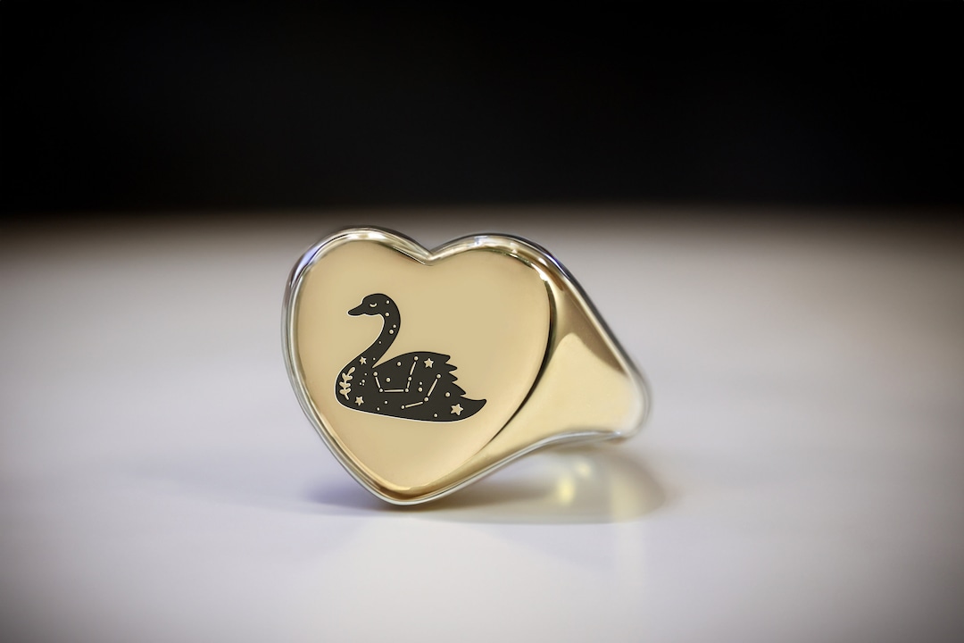 14k Gold Swan Signet Ring · Engraved Swan Ring · Heart Shaped Ring ...