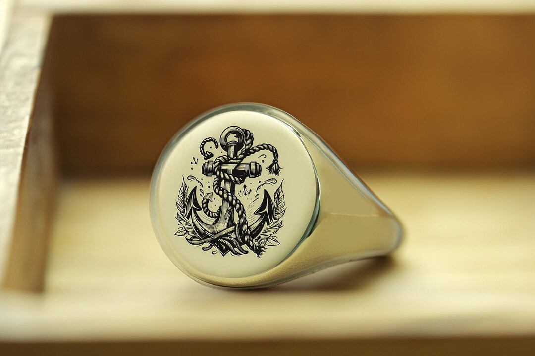 Engraved Anchor Signet Ring · Custom Anchor Gold Ring · Sailors Ring ...