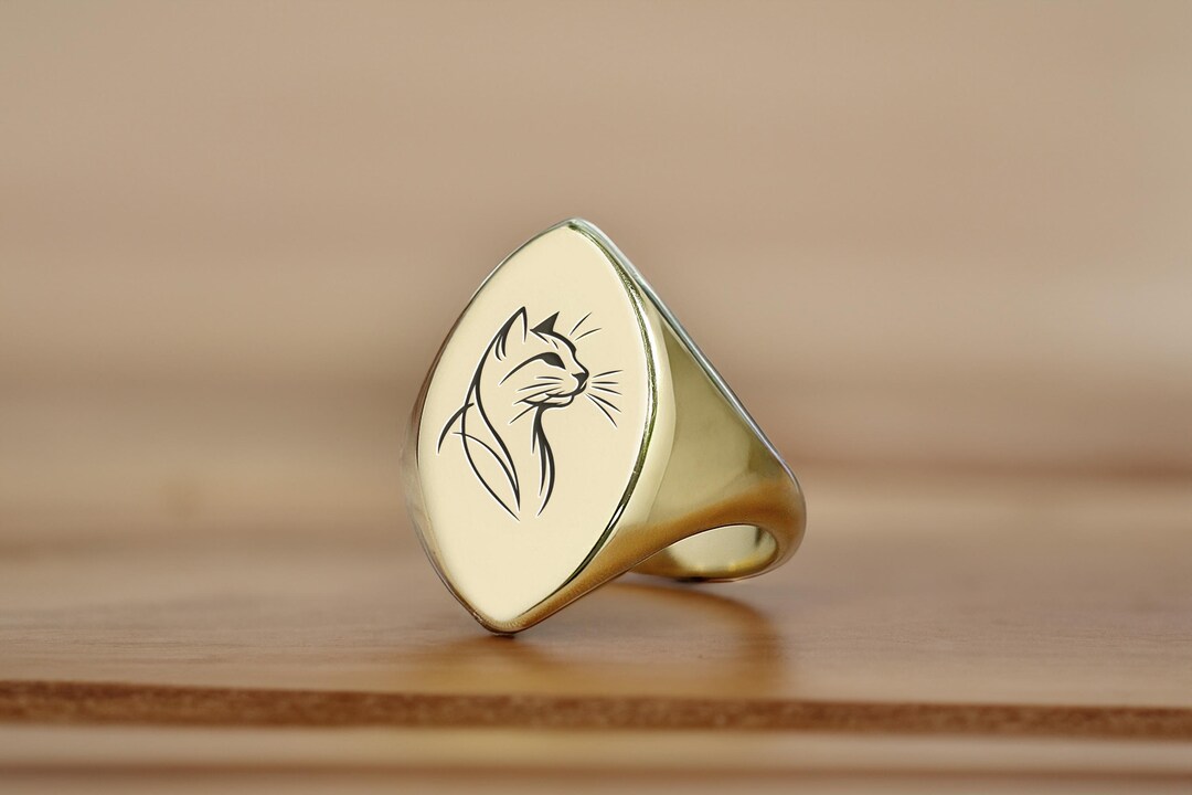 14k Gold Cat Signet Ring · Marquise Shaped Ring · Animal Jewelry ...