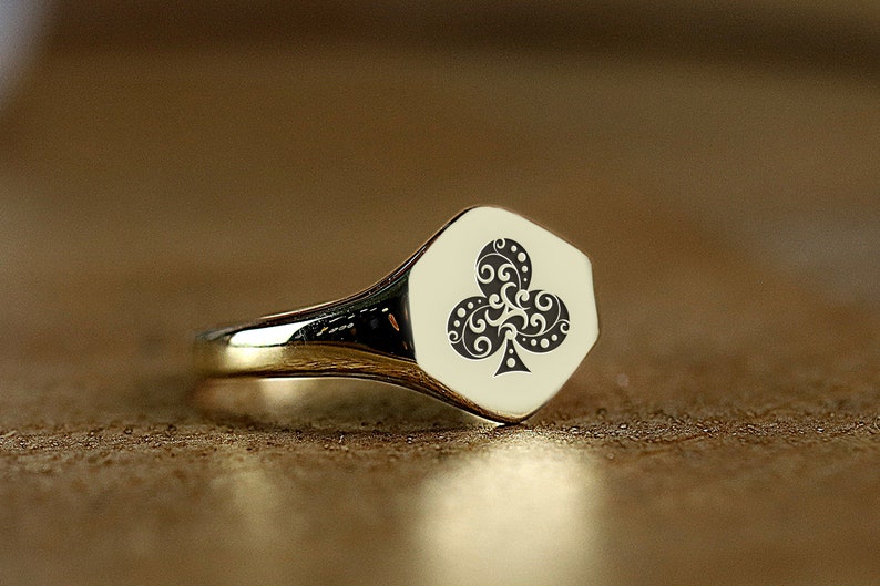 Poker Clubs Hexagon Ring · 14k Gold Poker Signet Ring · Engraved Clubs ...